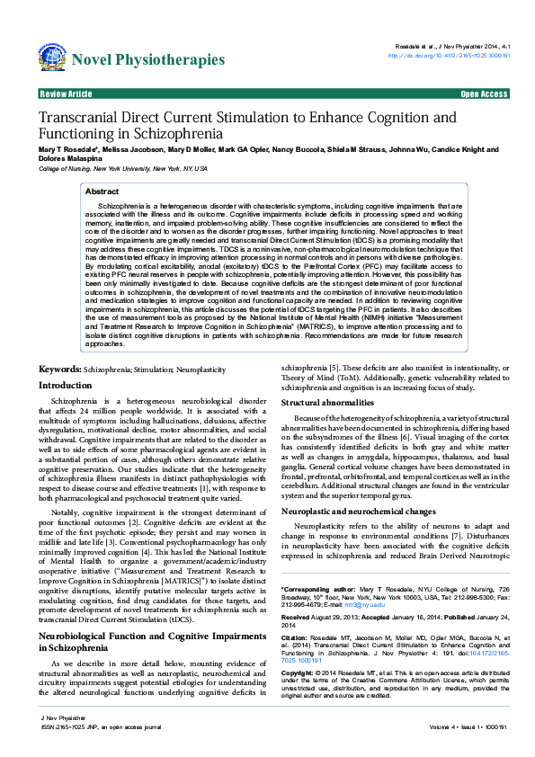 (PDF) Transcranial Direct Current Stimulation to Enhance Cognition and Functioning in Schizophrenia