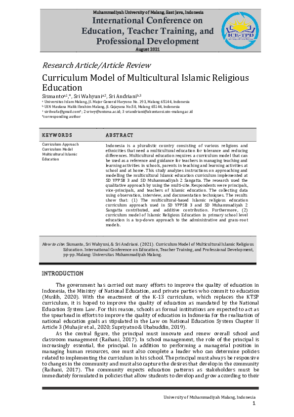 (PDF) Curriculum model of multiculturali islamic religious education