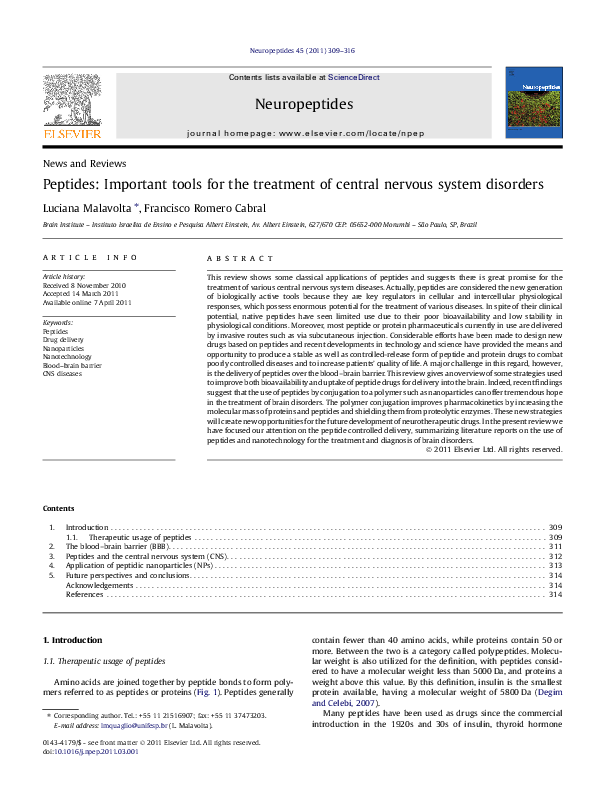 (PDF) Peptides: Important tools for the treatment of central nervous system disorders