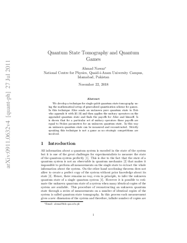 (PDF) Quantum State Tomography and Quantum Games