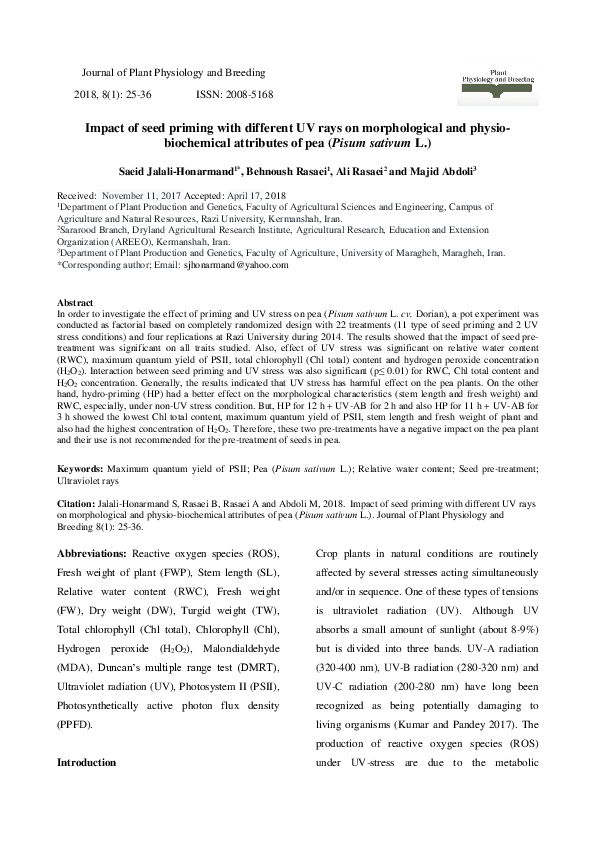 (PDF) Impact of seed priming with different UV rays on morphological and physio-biochemical ...