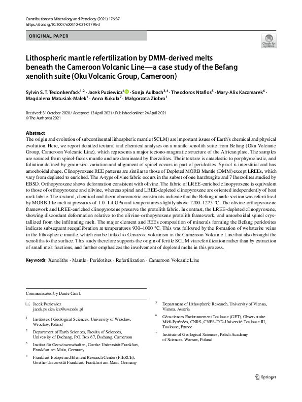 (PDF) Lithospheric mantle refertilization by DMM-derived melts beneath the Cameroon Volcanic ...