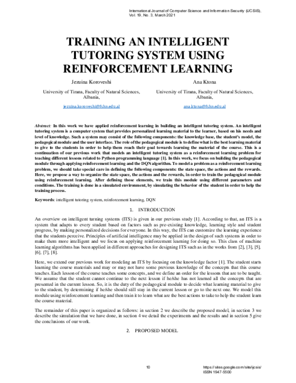 (PDF) Training an Intelligent Tutoring System Using Reinforcement Learning | Ana Ktona ...