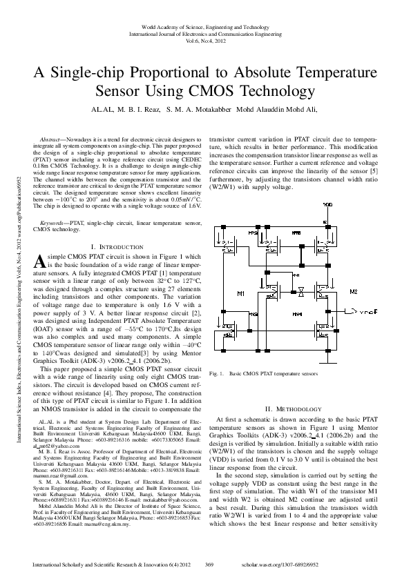 (PDF) A Single-Chip Proportional To Absolute Temperature Sensor Using Cmos Technology