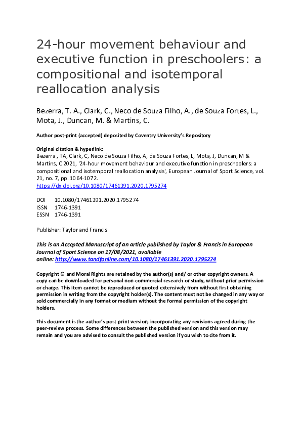 (PDF) 24-hour movement behaviour and executive function in preschoolers: A compositional and ...