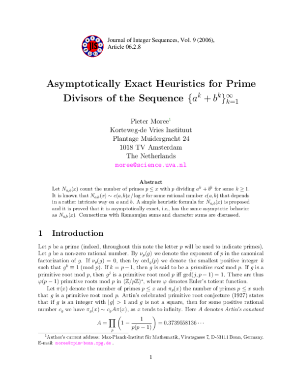 (PDF) Asymptotically Exact Heuristics for Prime Divisors of the Sequence {a/k + b/k} §k