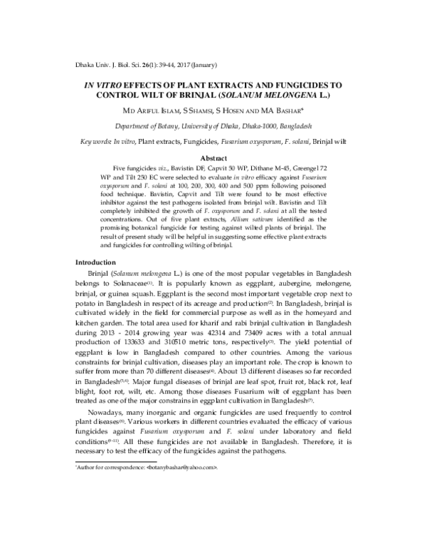 (PDF) In vitro effects of plant extracts and fungicides to control wilt of brinjal (Solanum ...