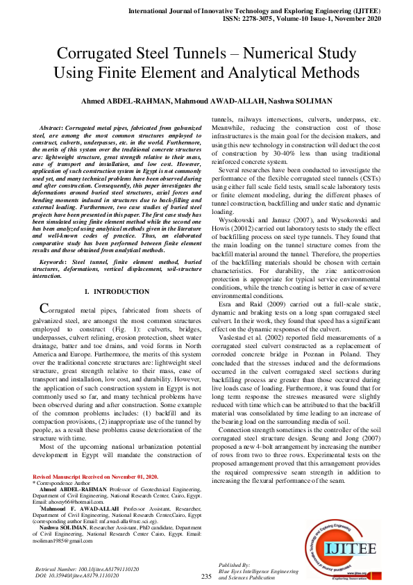 (PDF) Corrugated Steel Tunnels – Numerical Study Using Finite Element and Analytical Methods