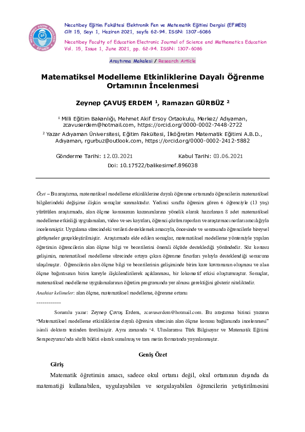 (PDF) Investigation of Learning Environment Based on Mathematical Modeling Activities