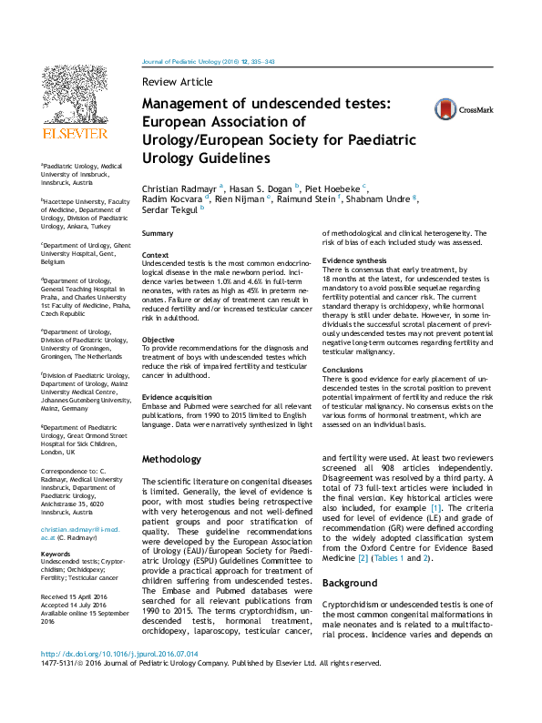 (PDF) Management of undescended testes: European Association of Urology ...