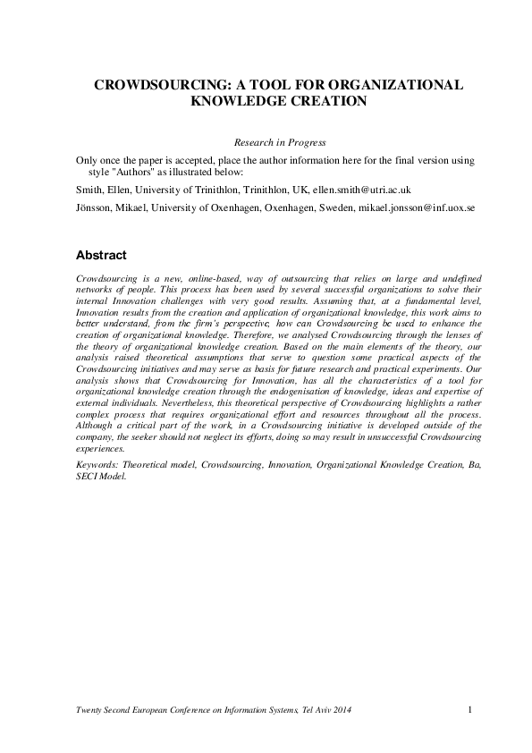 (PDF) Crowdsourcing: a tool for organizational knowledge creation