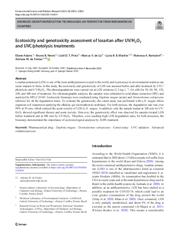 (PDF) Ecotoxicity and genotoxicity assessment of losartan after UV/H2O2 ...