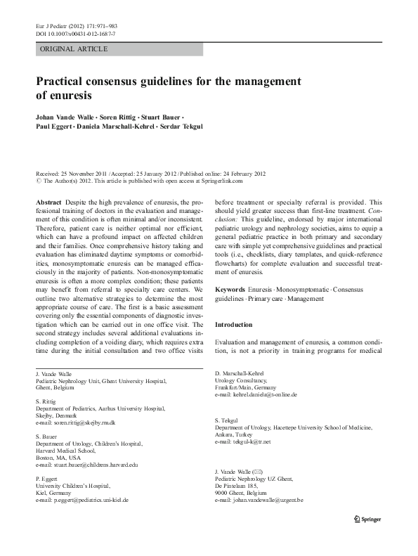Pdf Practical Consensus Guidelines For The Management Of Enuresis