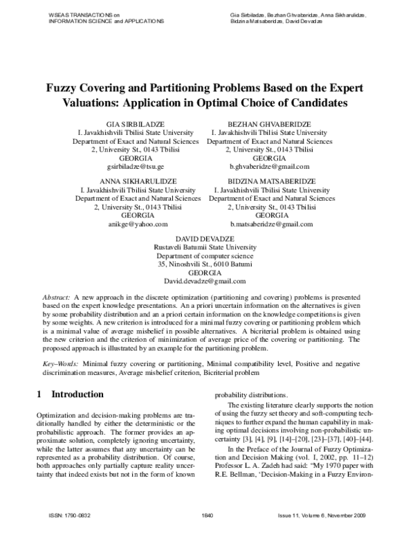 (PDF) Fuzzy covering and partitioning problems based on the expert valuations: application in ...