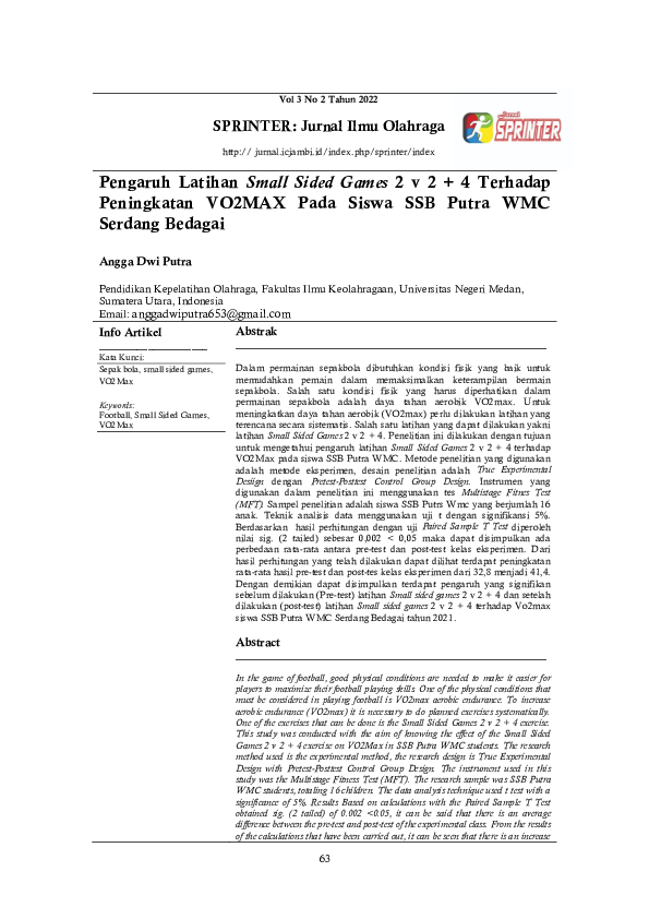 (PDF) Pengaruh Latihan Small Sided Games 2 v 2 + 4 Terhadap Peningkatan VO2MAX Pada Siswa SSB ...