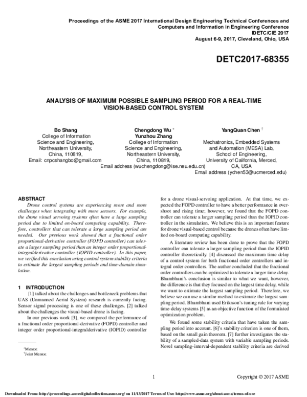 (PDF) Analysis of Maximum Possible Sampling Period for a Real-Time Vision-Based Control System