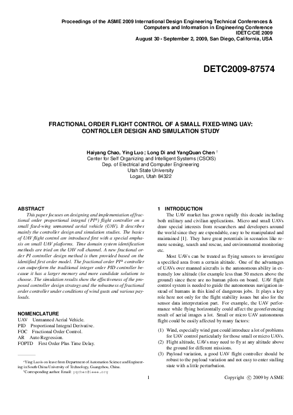 Pdf Fractional Order Flight Control Of A Small Fixed Wing Uav