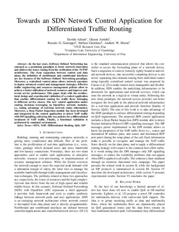 (PDF) Towards an SDN network control application for differentiated traffic routing