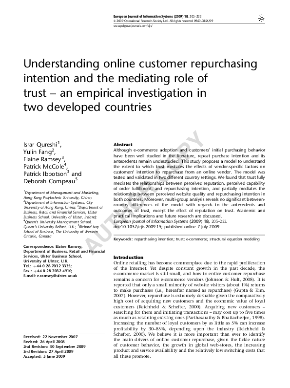 (PDF) Understanding online customer repurchasing intention and the mediating role of trust – an ...