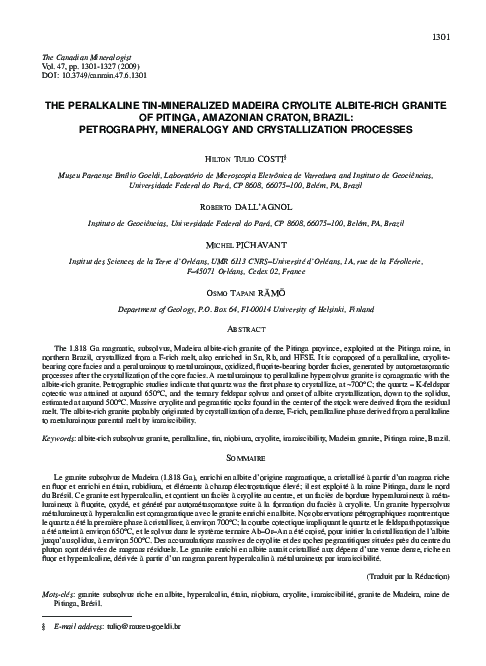 (PDF) The Peralkaline Tin-Mineralized Madeira Cryolite Albite-Rich ...