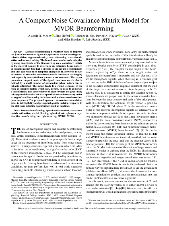 Pdf A Compact Noise Covariance Matrix Model For Mvdr Beamforming