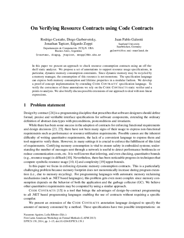 Pdf On Verifying Resource Contracts Using Code Contracts Edgardo Zoppi