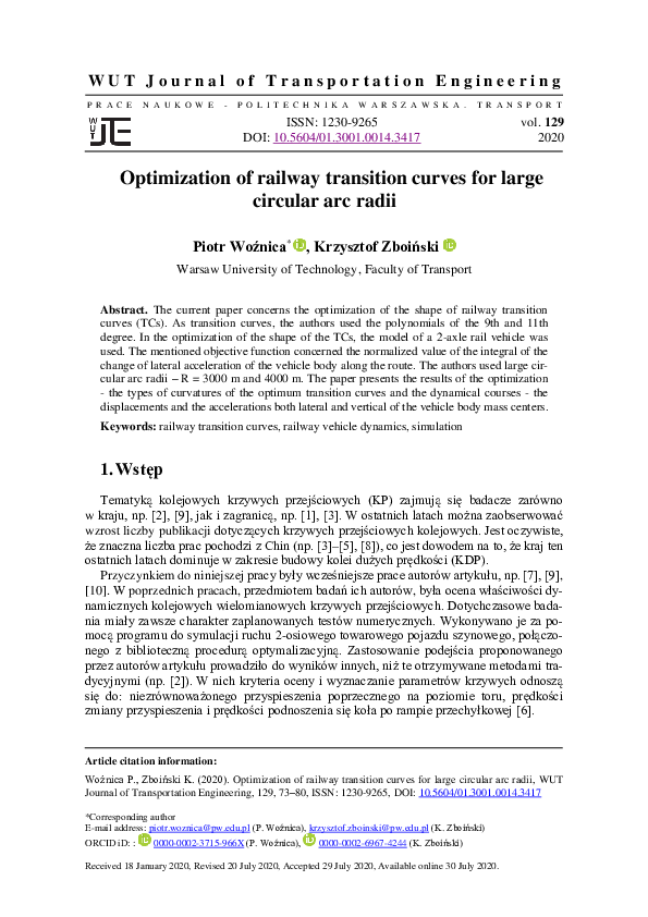 (PDF) Optimization of railway transition curves for large circular arc radii