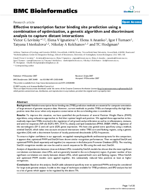 Pdf Effective Transcription Factor Binding Site Prediction Using A