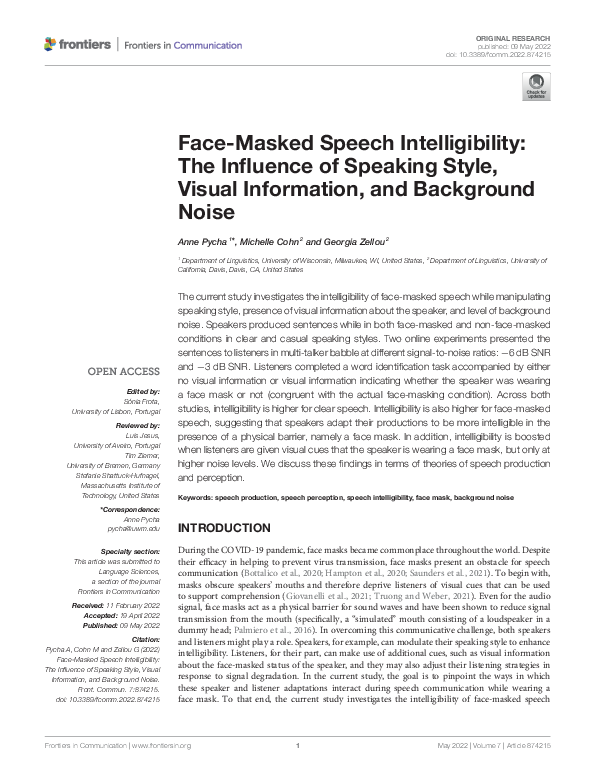 (PDF) Face-Masked Speech Intelligibility: The Influence of Speaking Style, Visual Information ...