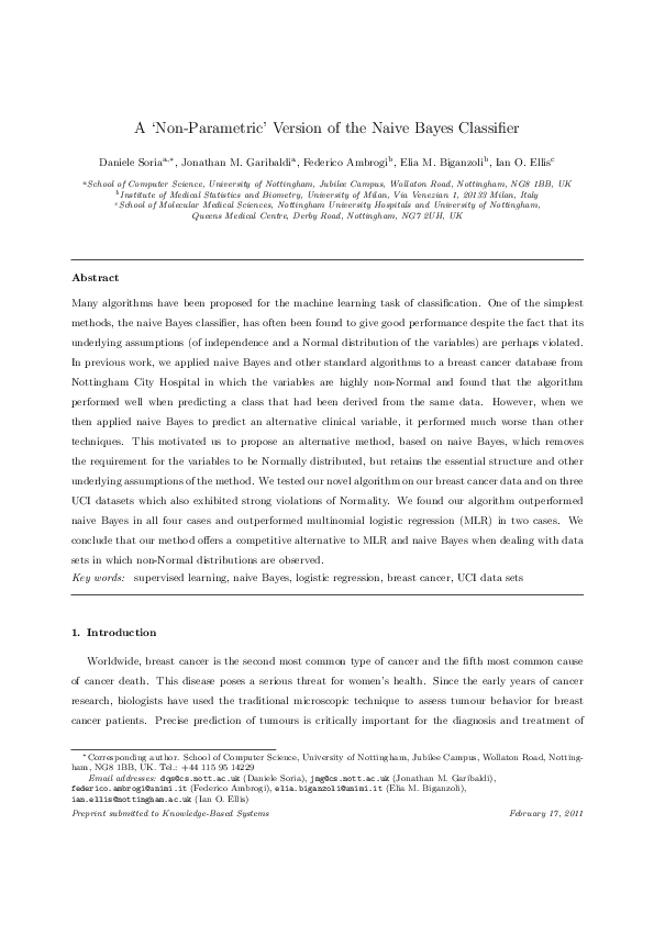 Pdf A ‘non Parametric Version Of The Naive Bayes Classifier