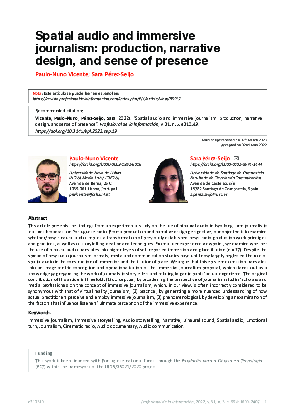 (PDF) Spatial audio and immersive journalism: production, narrative ...