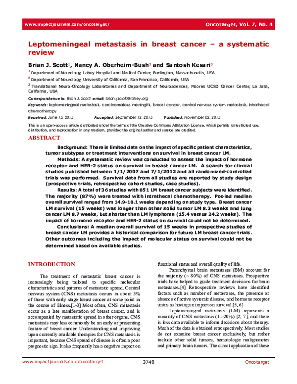 (PDF) Leptomeningeal metastasis in breast cancer - a systematic review