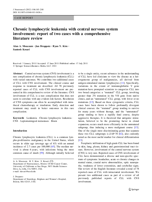 (PDF) Chronic lymphocytic leukemia with central nervous system involvement: report of two cases ...