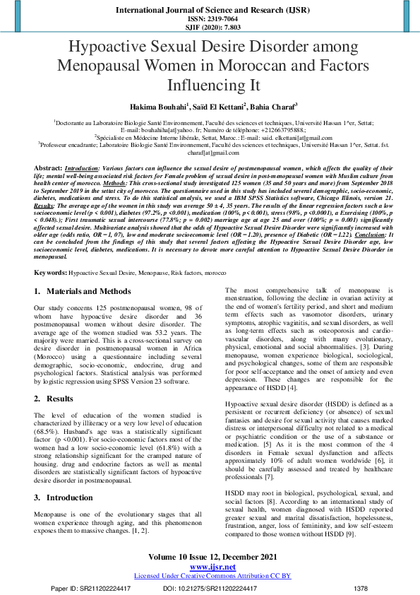 (PDF) Hypoactive Sexual Desire Disorder among Menopausal Women in ...