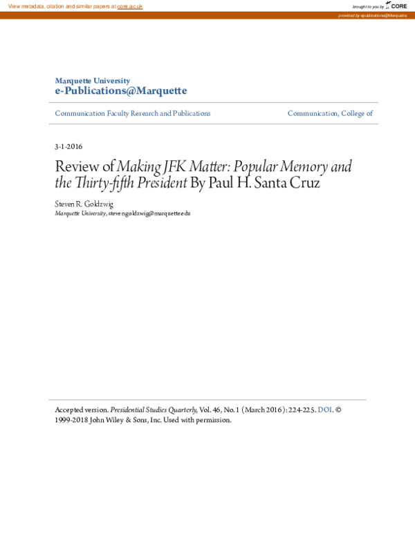 (PDF) Review of \u3cem\u3eMaking JFK Matter: Popular Memory and the ...