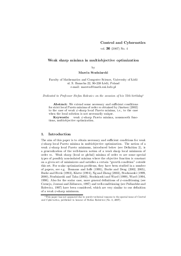 (PDF) Weak sharp minima in multiobjective optimization