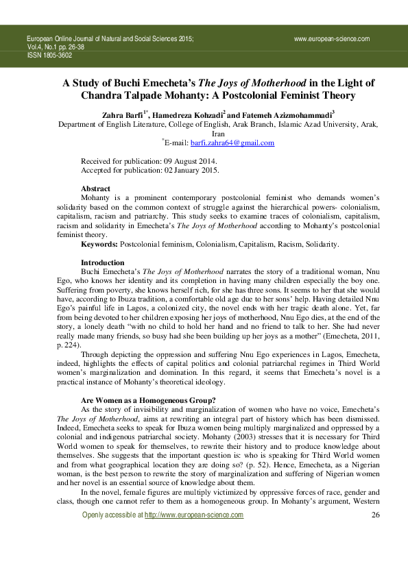 (PDF) A Study of Buchi Emecheta’s The Joys of Motherhood in the Light ...