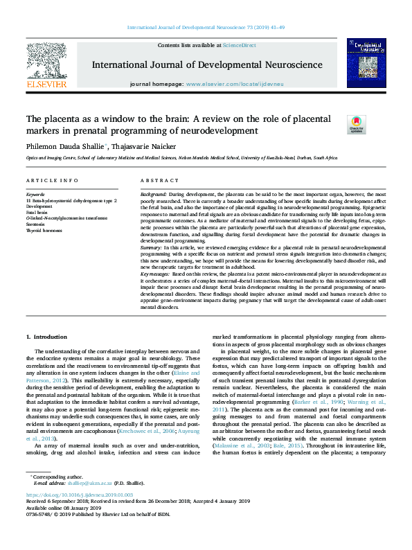 (PDF) The placenta as a window to the brain: A review on the role of ...