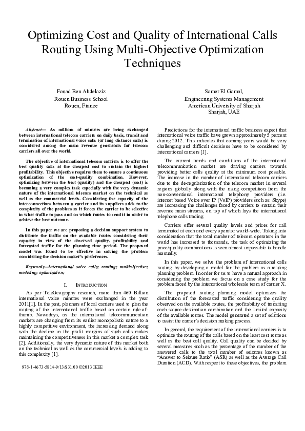 (PDF) Optimizing cost and quality of international calls routing using ...