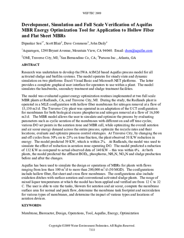 (PDF) Development, Simulation and Full Scale Verification of Aquifas MBR Energy Optimization ...