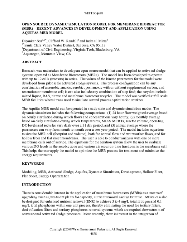 Pdf Open Source Dynamic Simulation Model For Membrane Bioreactor Mbr
