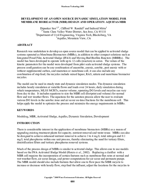 Development Of An Open Source Dynamic Simulation Model For Membrane Bioreactor Mbr Design And 