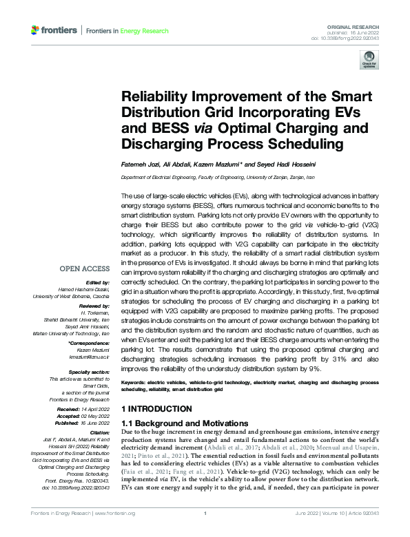 (PDF) Reliability Improvement of the Smart Distribution Grid Incorporating EVs and BESS via ...