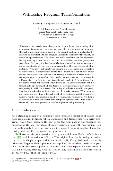 (PDF) Witnessing Program Transformations | Lenore Zuck - Academia.edu