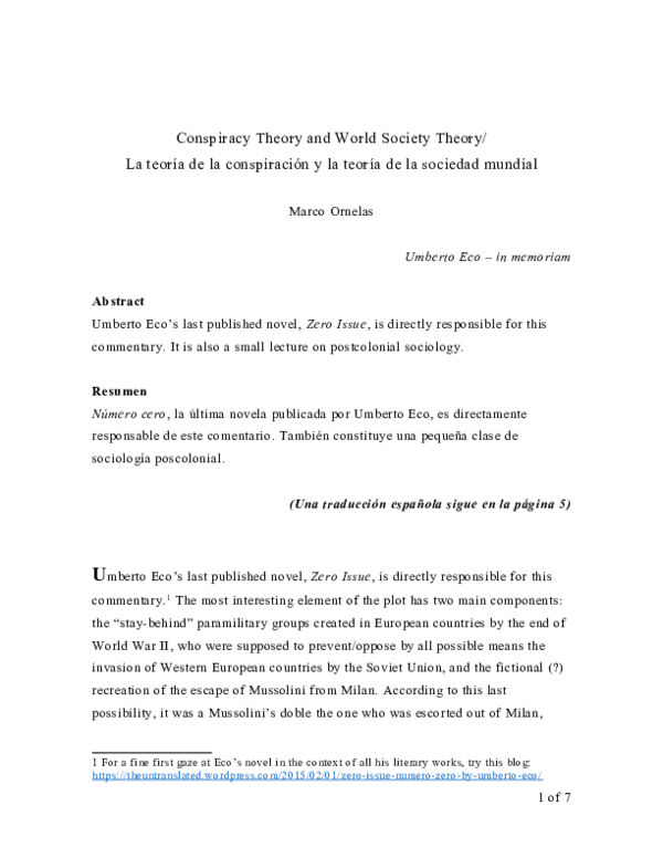 (PDF) Conspiracy Theory and World Society Theory/ La teoría de la ...