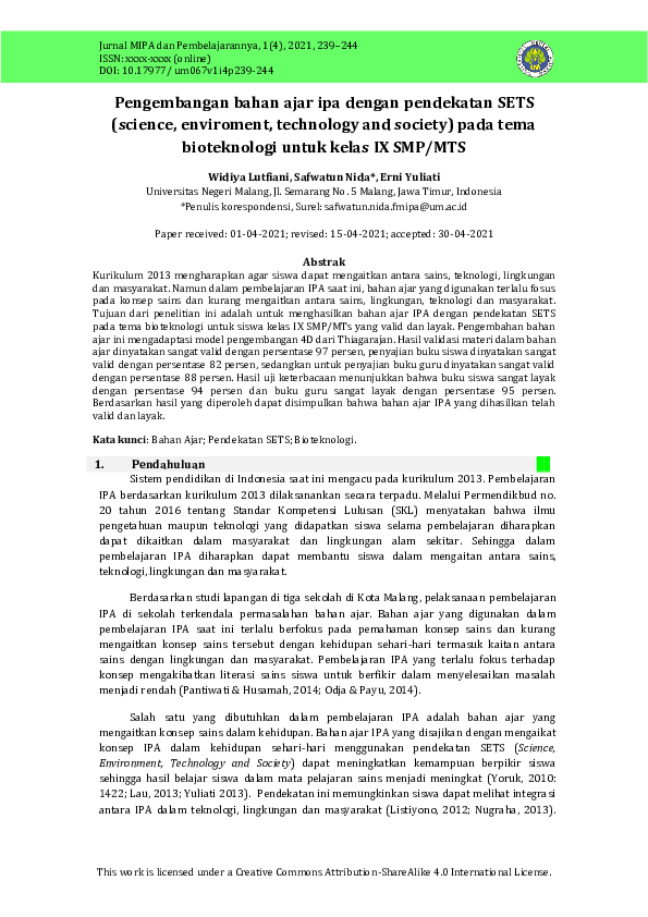 (PDF) Pengembangan bahan ajar ipa dengan pendekatan SETS (science, enviroment, technology and ...