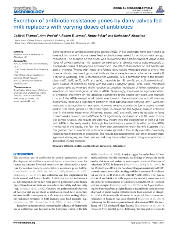 (PDF) Excretion of antibiotic resistance genes by dairy calves fed milk replacers with varying ...