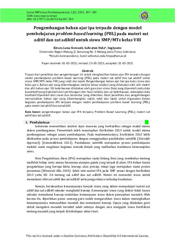 (PDF) Pengembangan bahan ajar ipa terpadu dengan model pembelajaran problem based learning (PBL ...