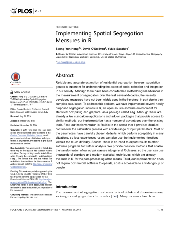 (PDF) Implementing Spatial Segregation Measures in R | Yukio Sadahiro - Academia.edu