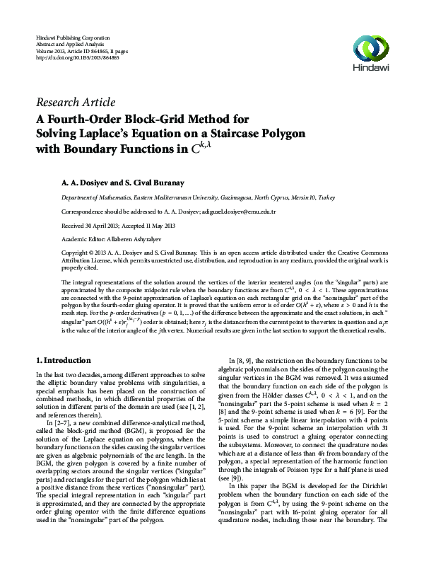 (PDF) A Fourth-Order Block-Grid Method for Solving Laplace's Equation on a Staircase Polygon ...